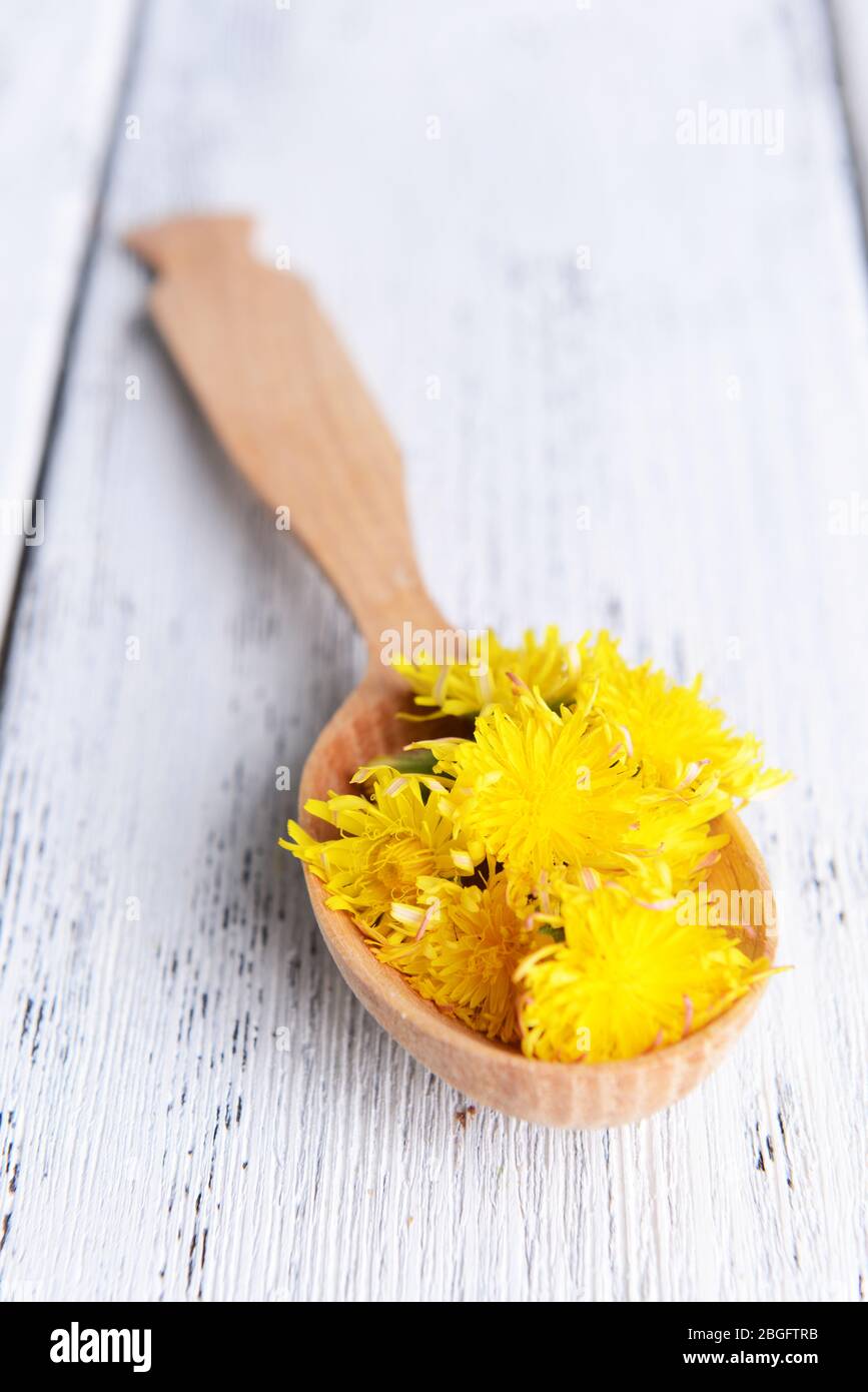 Dandelions in wooden spoon on table close-up Stock Photo - Alamy