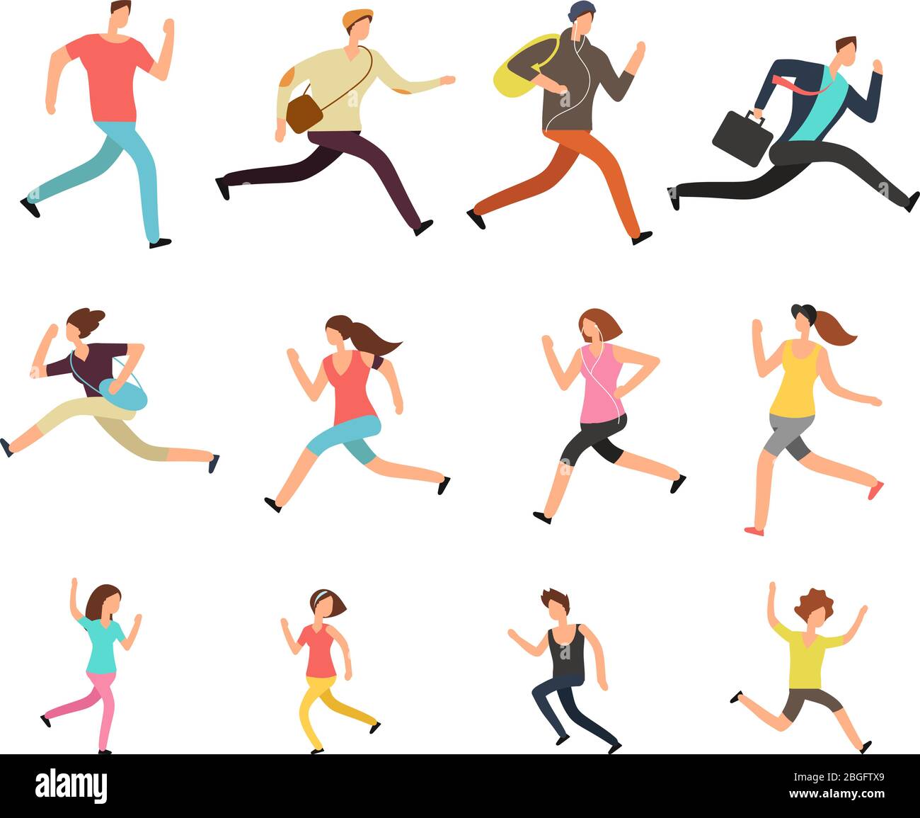 Various running people. Hurrying active male, female and kids vector ...