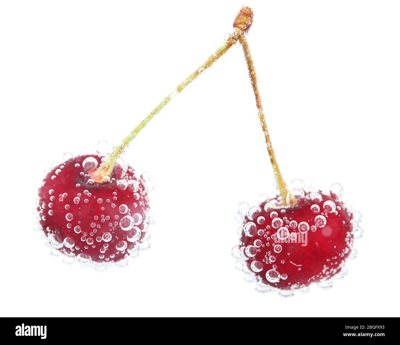 Beautiful cherries in water with bubbles, isolated on white Stock Photo ...
