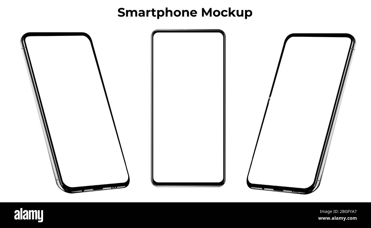 Set of three silver modern editable frameless smartphones isolated on ...