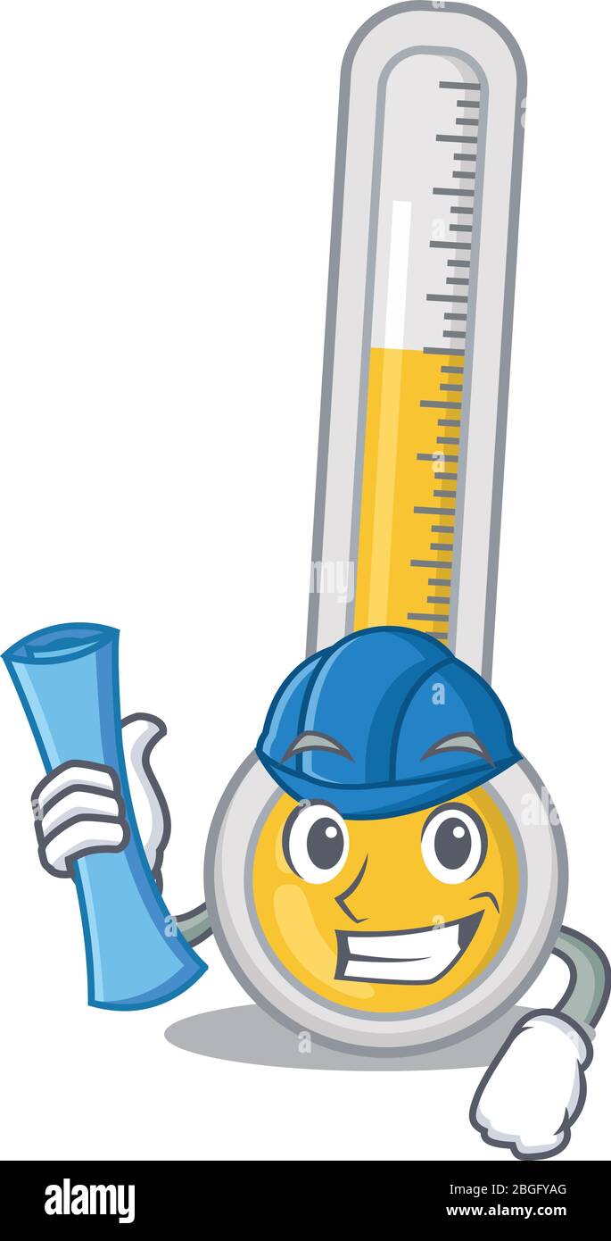 Cartoon character of warm thermometer brainy Architect with blue prints ...