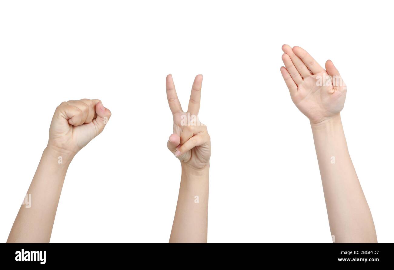 People show different signs of hands isolated on white Stock Photo - Alamy