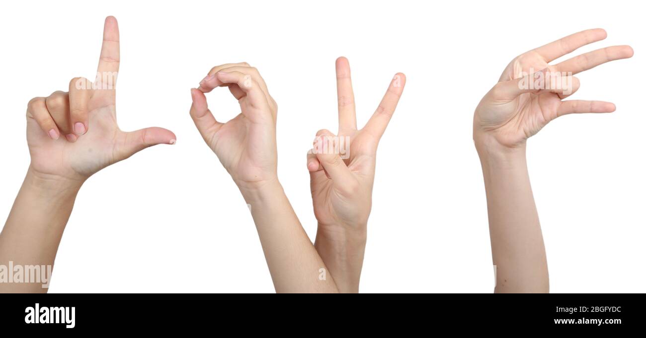 People show different signs of hands on grey background Stock Photo - Alamy
