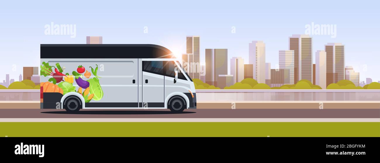 realistic van with organic vegetables on city highway natural vegan ...