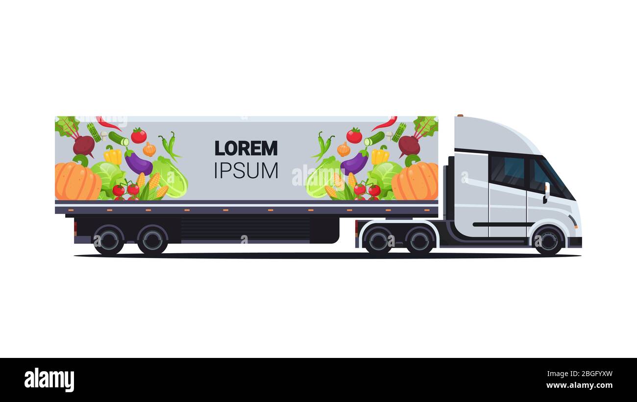 realistic truck trailer with organic vegetables natural vegan farm food ...