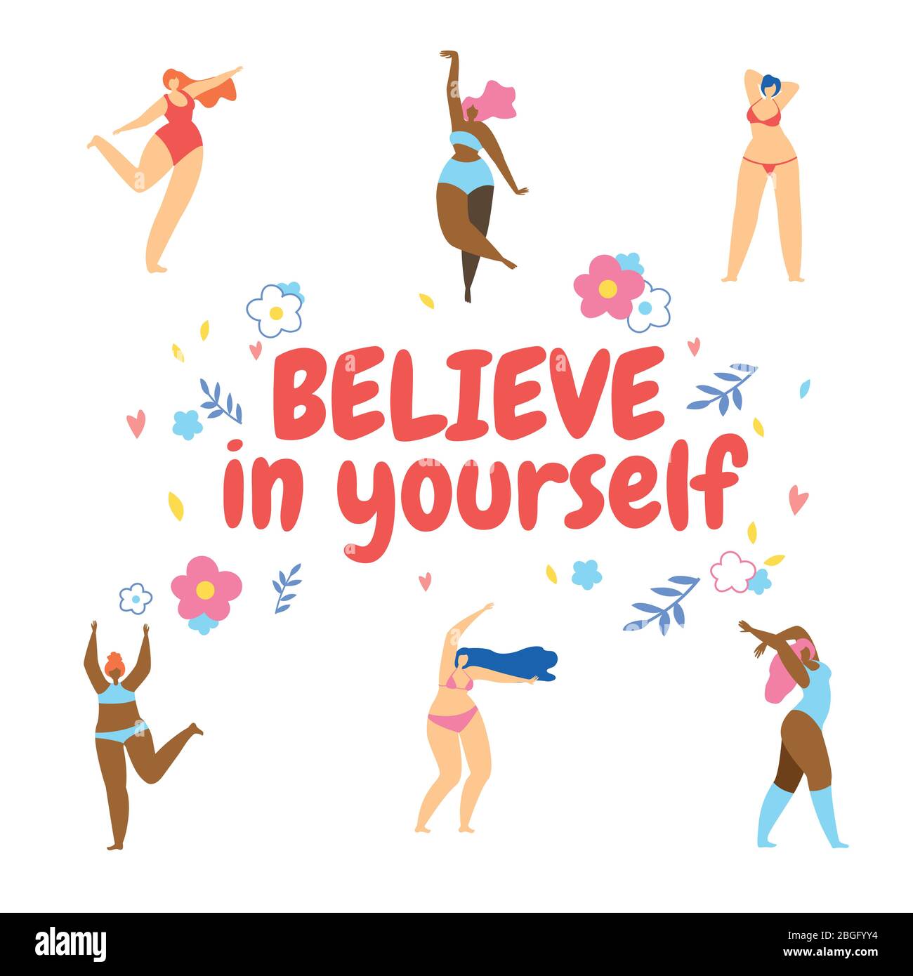 Young Different Happy Women Dancing Around of Motto Believe in Yourself ...