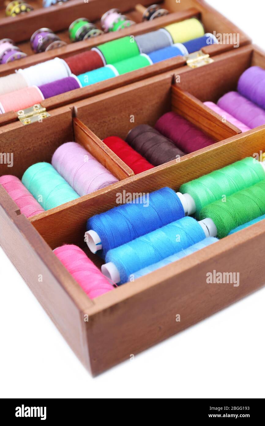 Colorful threads for needlework in wooden box close up Stock Photo - Alamy