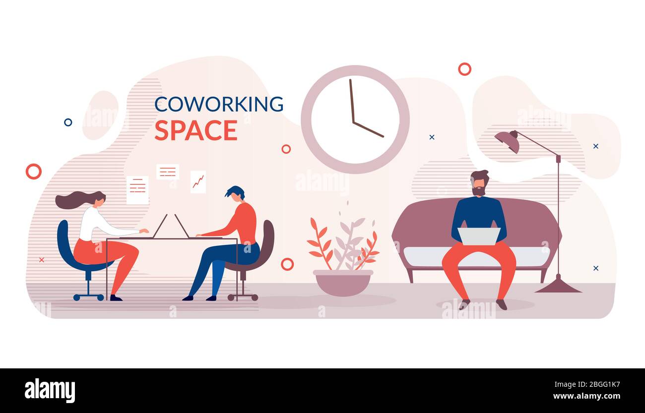 Banner Advertising Modern Coworking Space. Cartoon People Freelancers ...