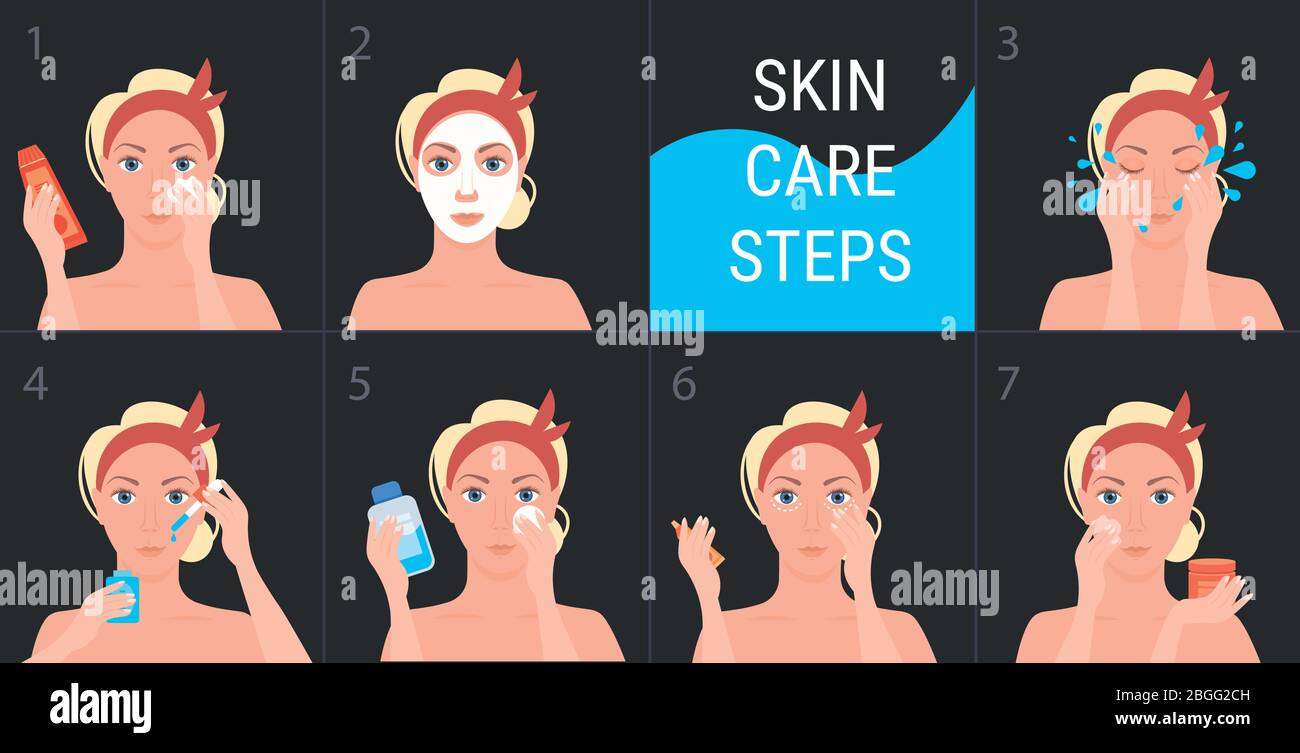 girl cleaning removing make up washing and care her face steps of ...