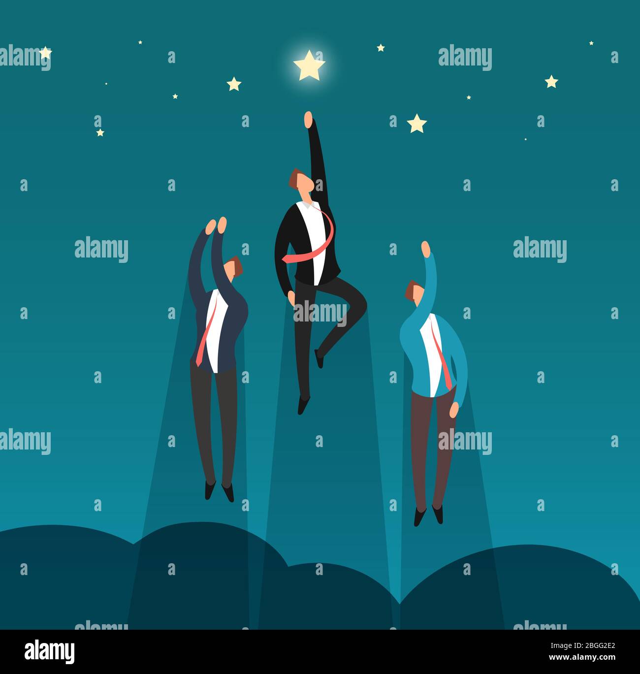 Successful winning business team flying to stars. Hero professionals ...