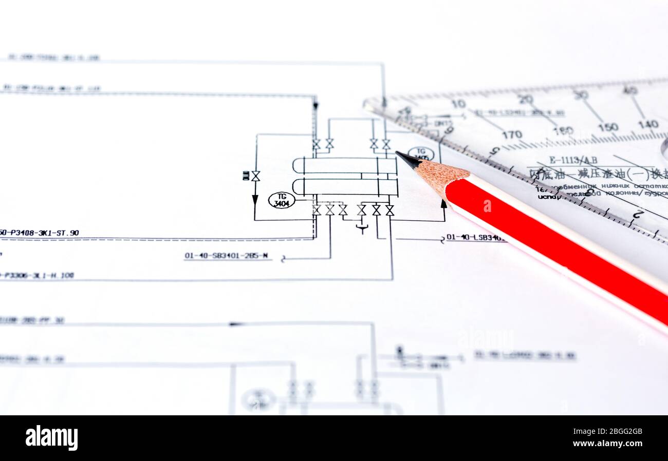 Engineering and architectural drawing, red pencil.Technical project ...
