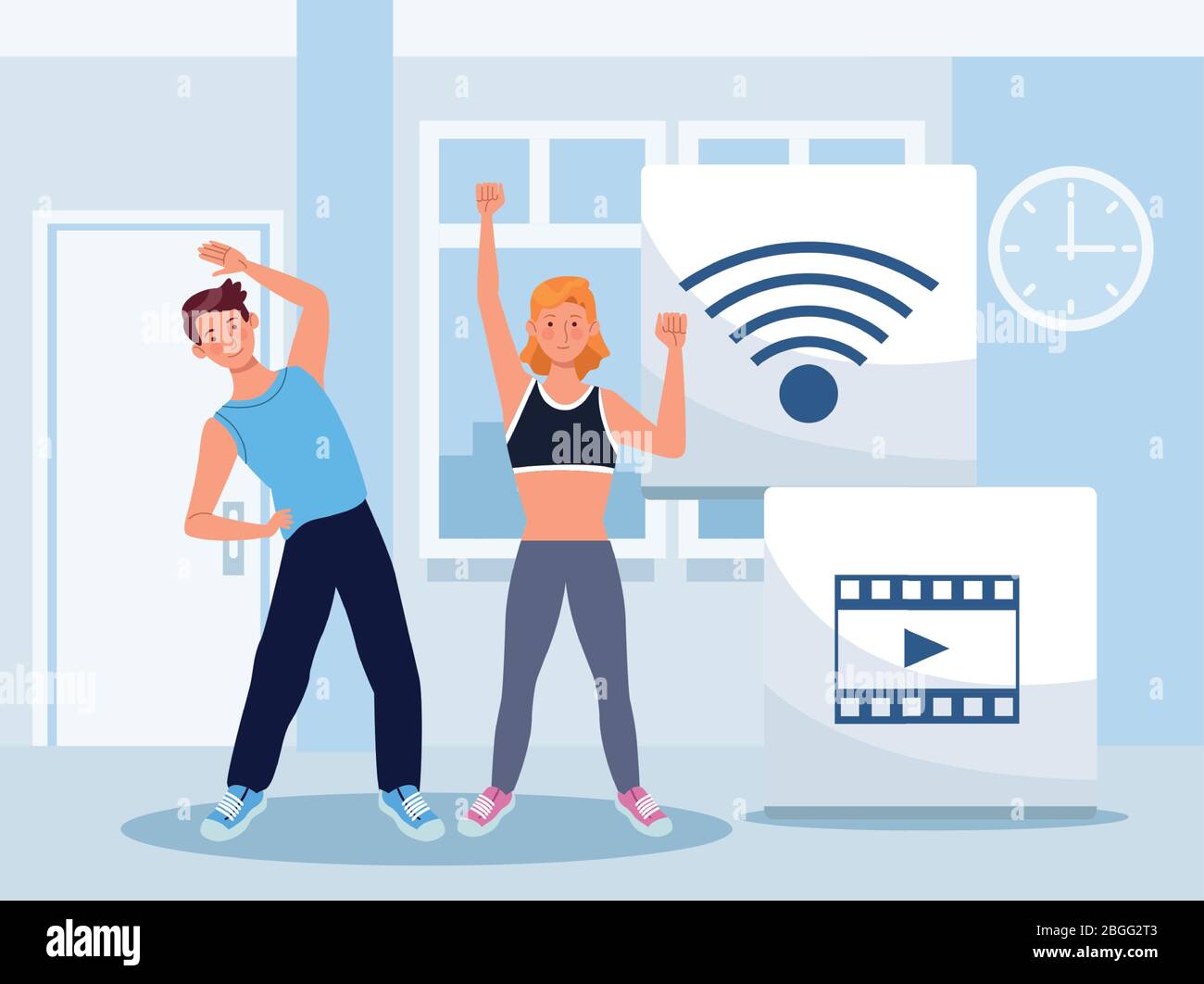 couple practicing online exercise for quarantine Stock Vector Image ...