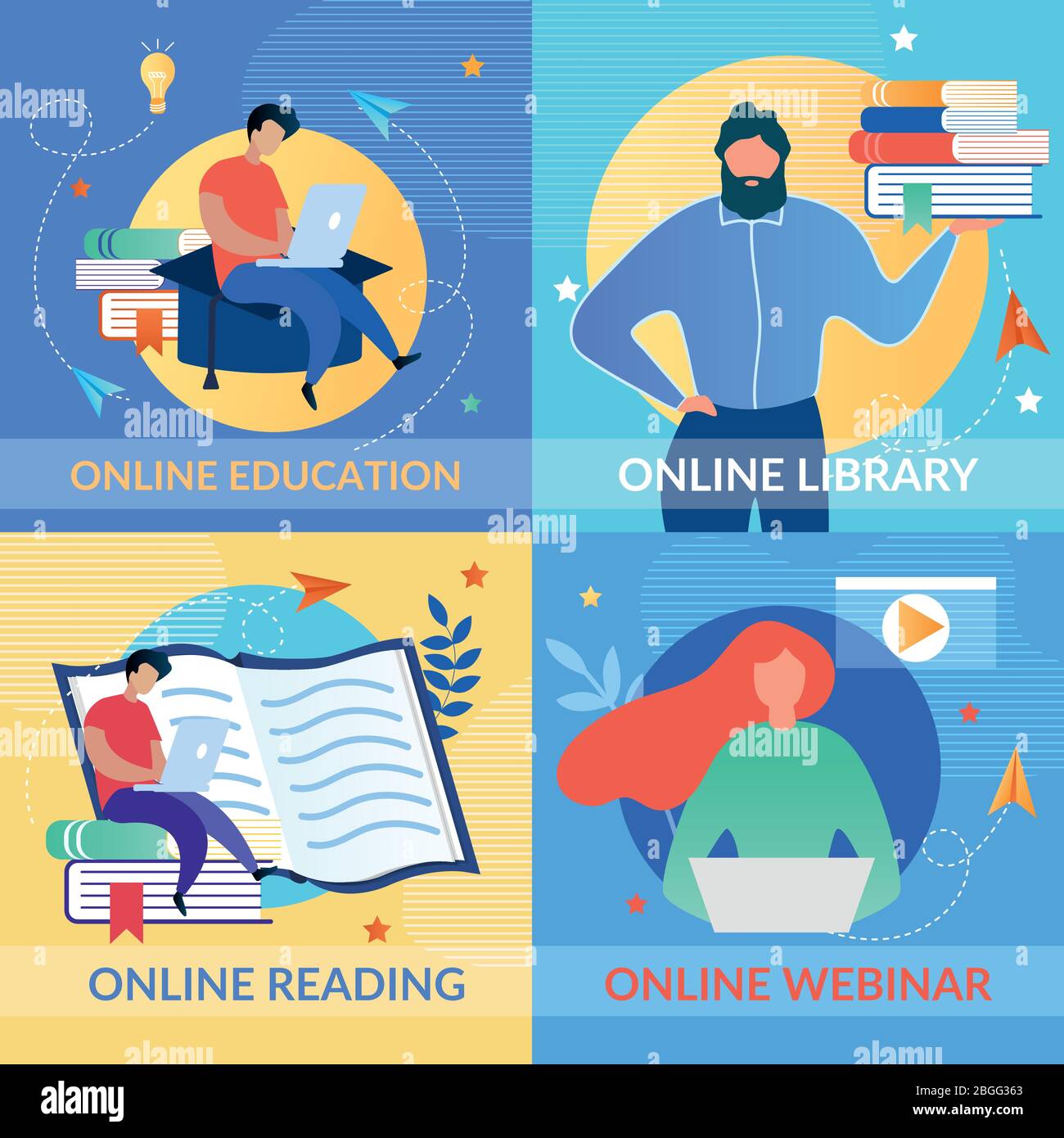 Color Cards Set with People Enjoy Online Education. Posters Advertise ...