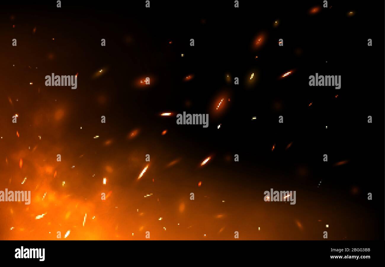 Fire sparks on dark backdrop. Glowing particles flying up. Realistic ... Fire sparks on dark backdrop. Glowing particles flying up. Realistic ...