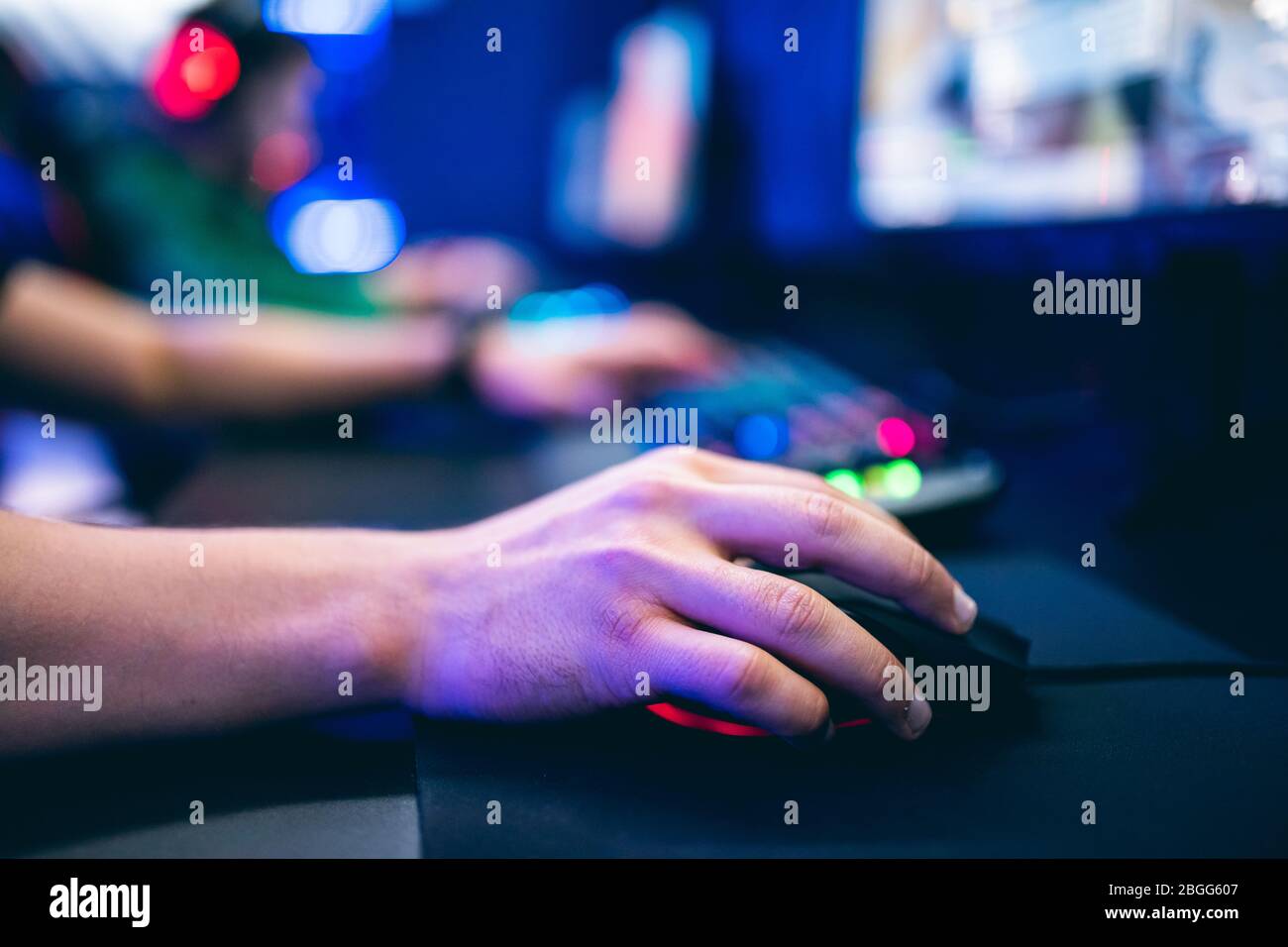 Professional cyber video gamer studio room with personal computer ...