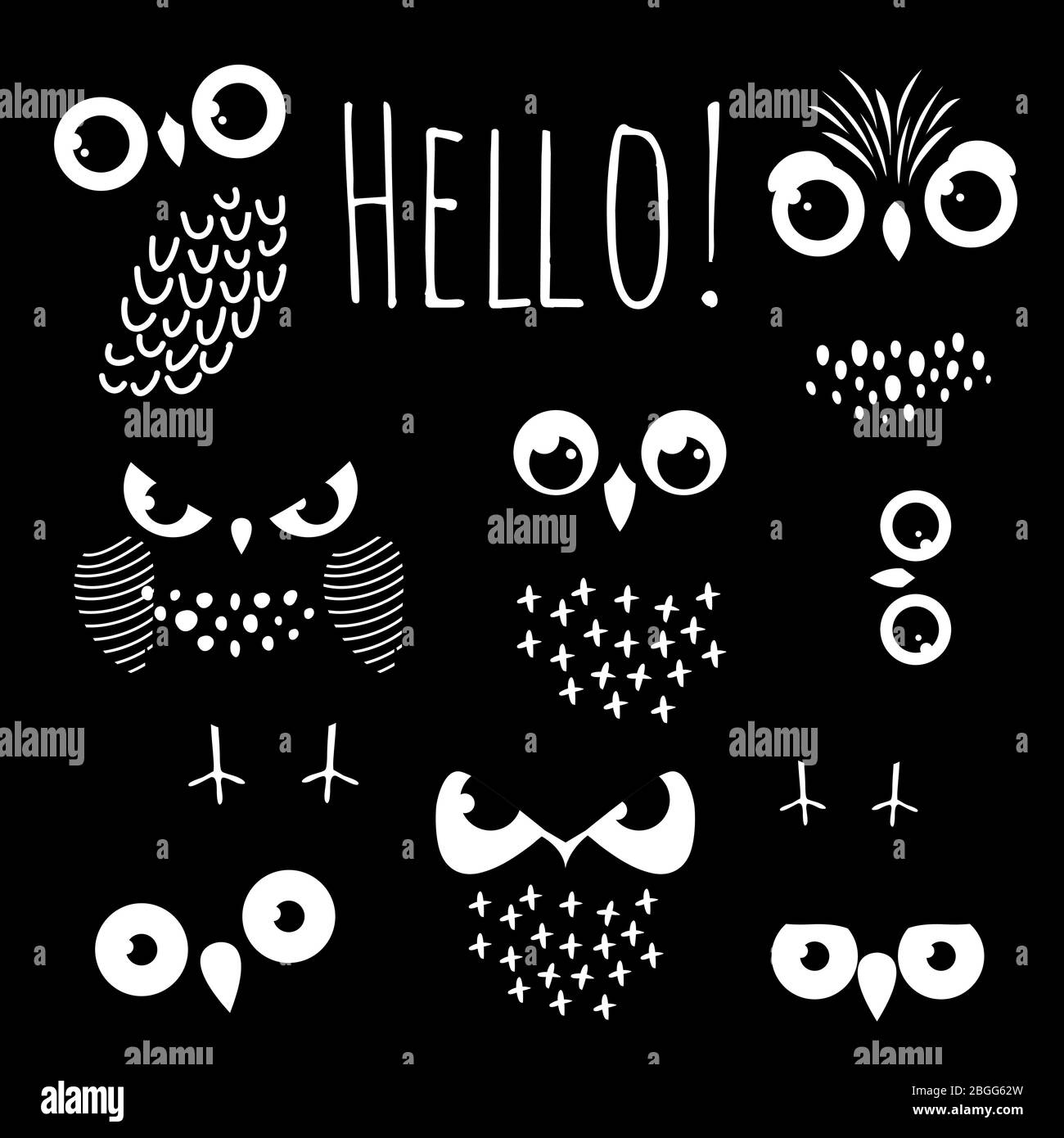 Hello sign card with cartoon owl eyes of set. Vector illustration Stock ...
