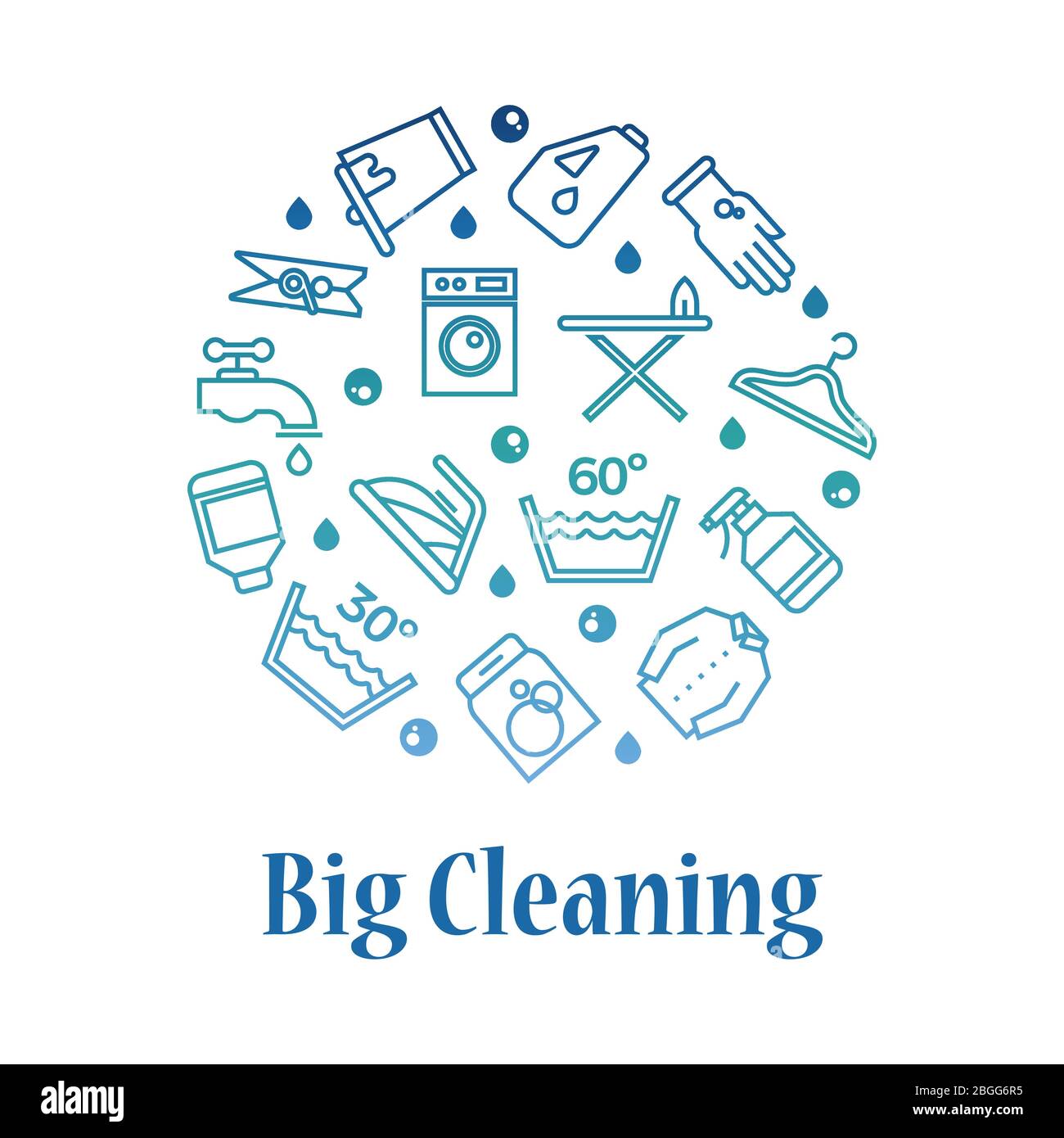 Big cleaning icons round concept. Housework washing line icons on white ...