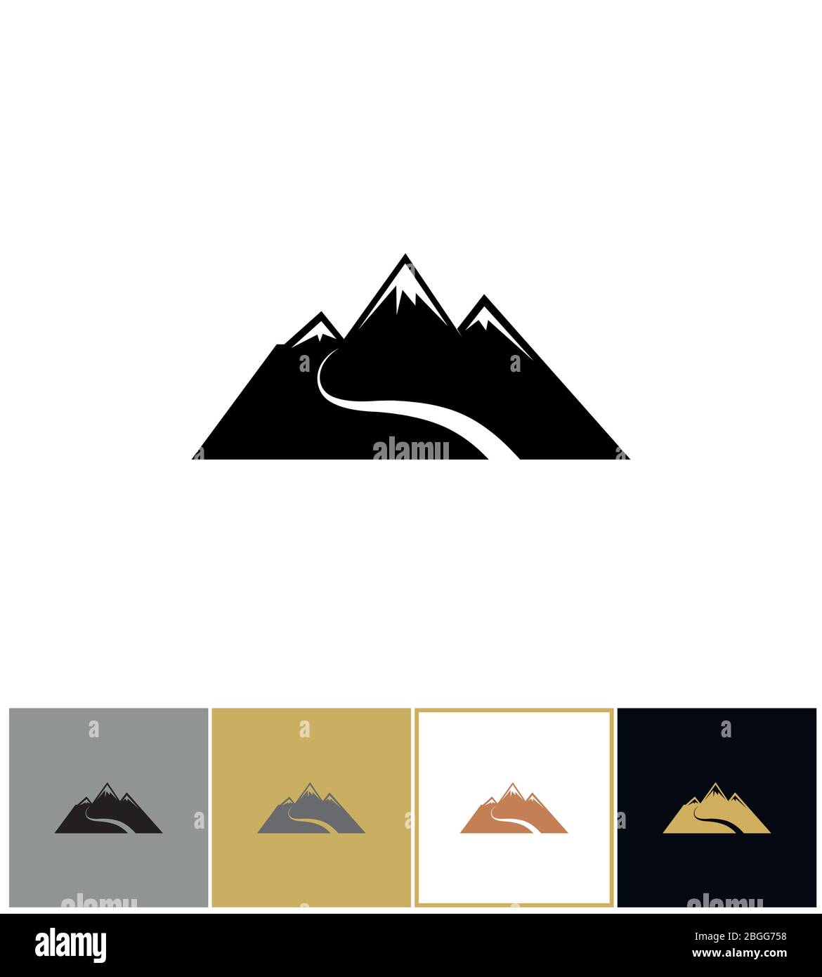 Abstract snow mountain icons, alpine rocky mountains pictogram on gold ...