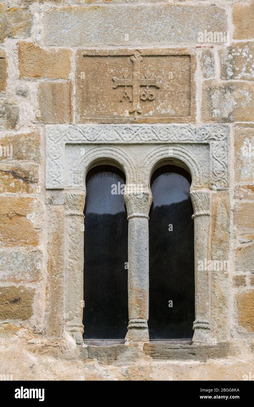 Double-arched window on the main facade of Pre-Romanesque church San ...