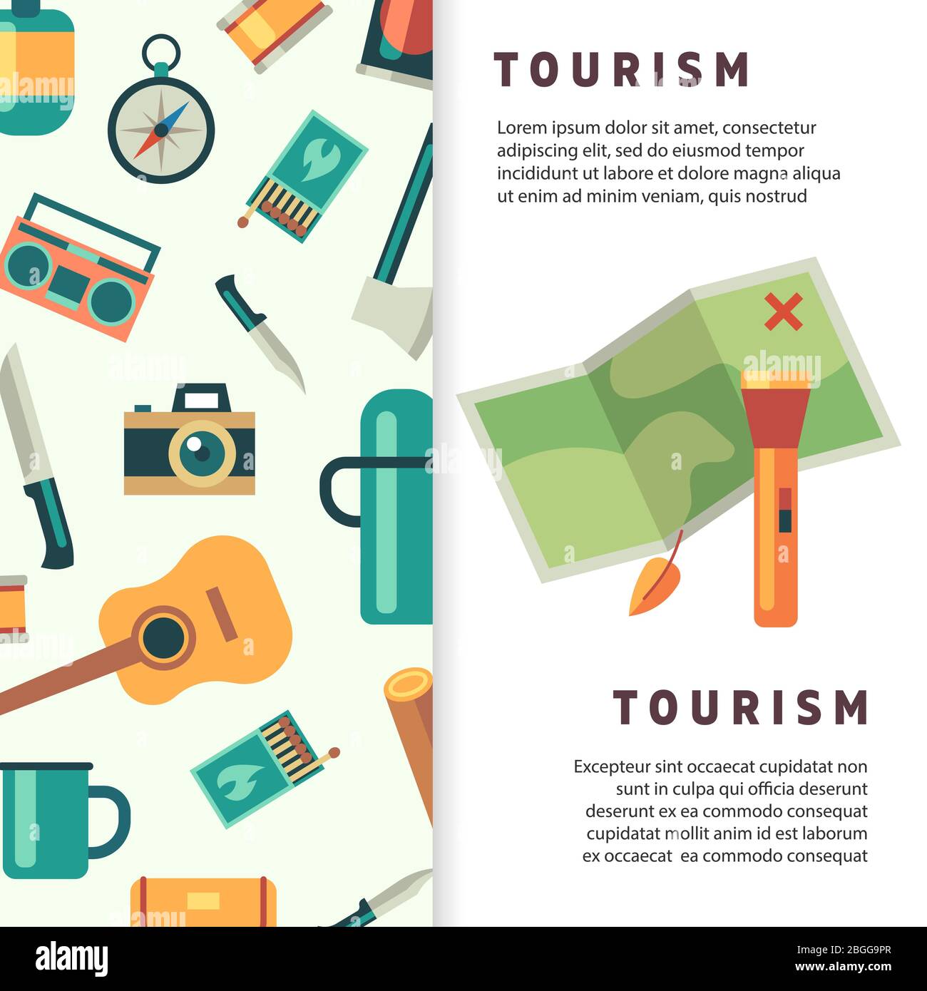 Tourism banner design with flat map light and accessories. Vector ...