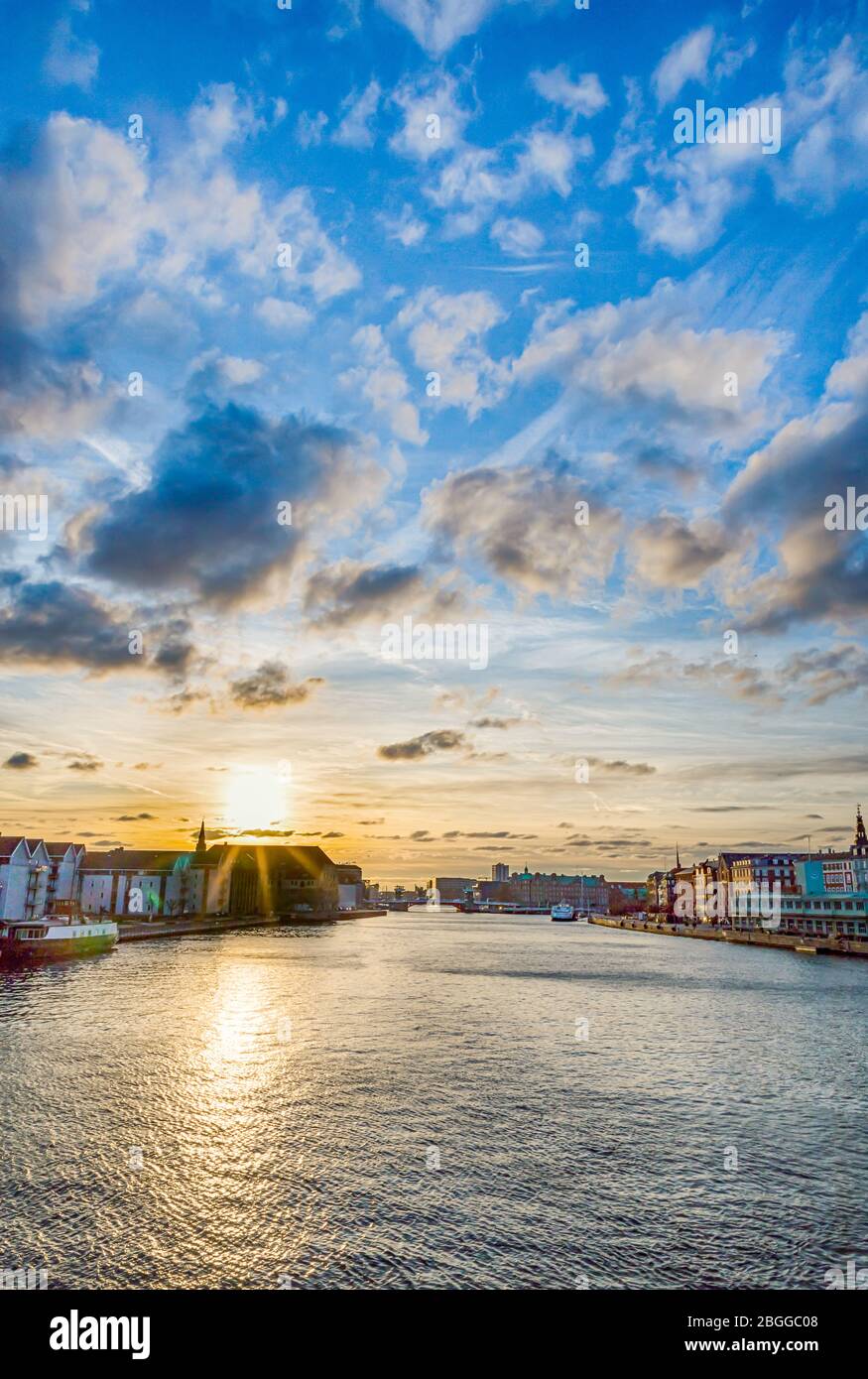 Wonderful sunset. Panoramic view from the bridge. Copenhagen, Denmark ...