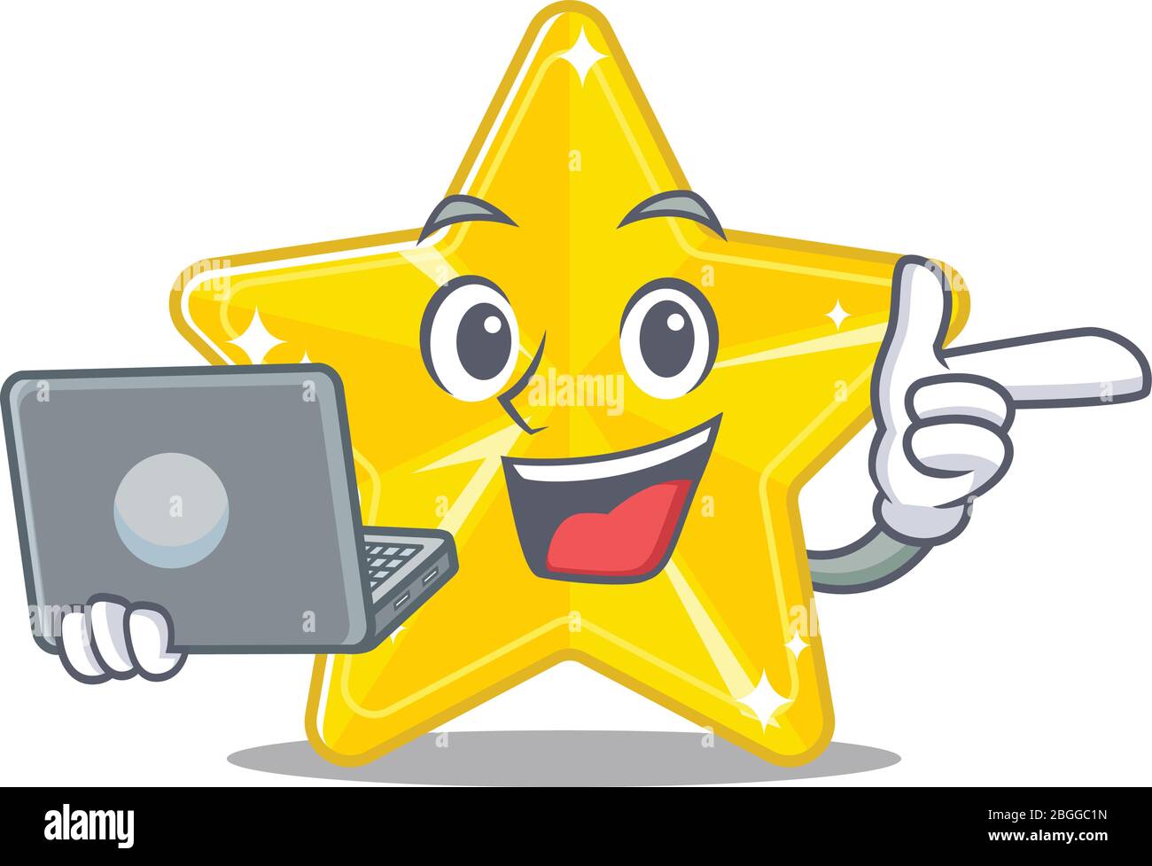 Cartoon character of shiny star clever student studying with a laptop ...