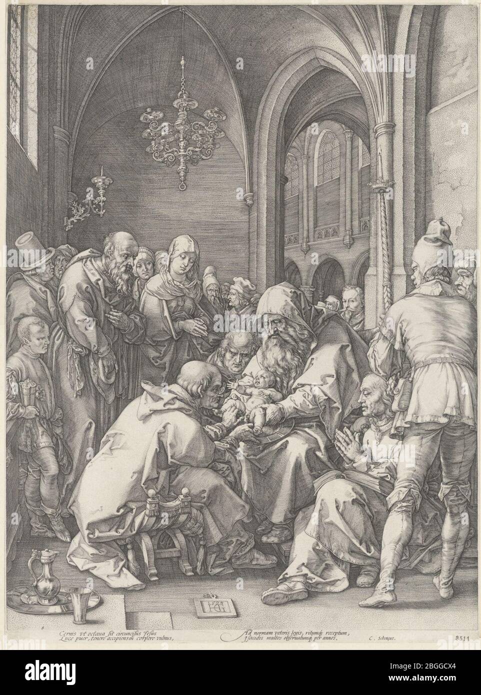 Het Christuskind wordt besneden in een kapel in een grote kerk. Veel ...