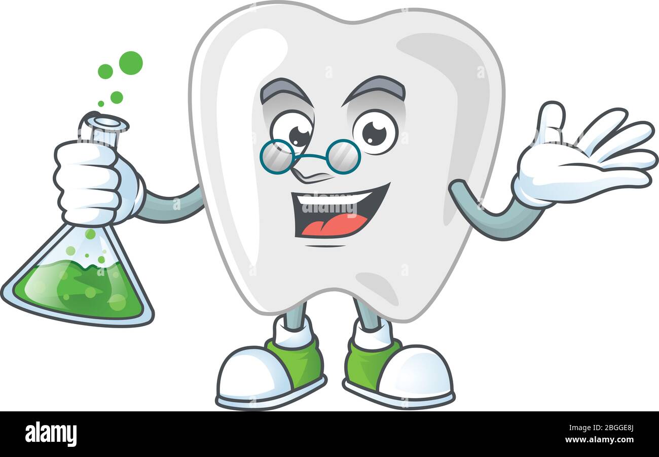 Teeth genius Professor Cartoon character holding glass tube Stock ...