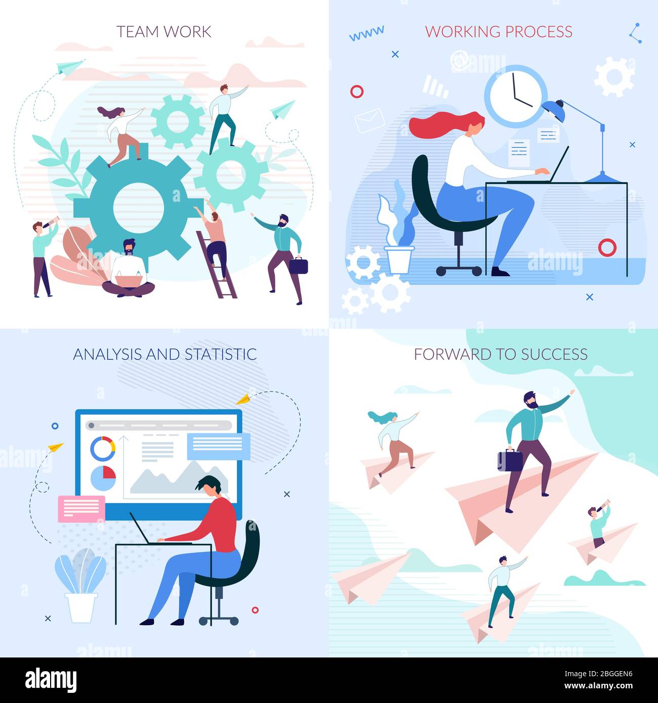 Business Workflow Flat Cards Set. Working Process, Team Work, Analysis and Statistic, Forward to ...