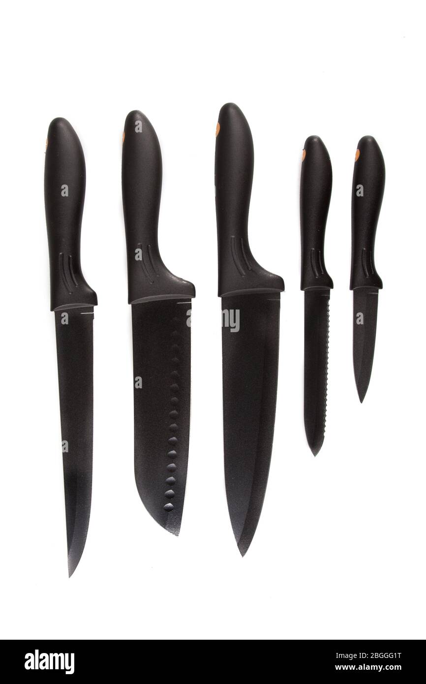 Kitchen knives set black isolated against white background Stock Photo ...