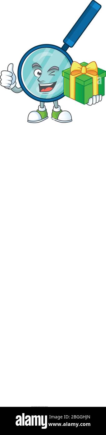 Smiley magnifying glass cartoon character holding a gift box Stock ...