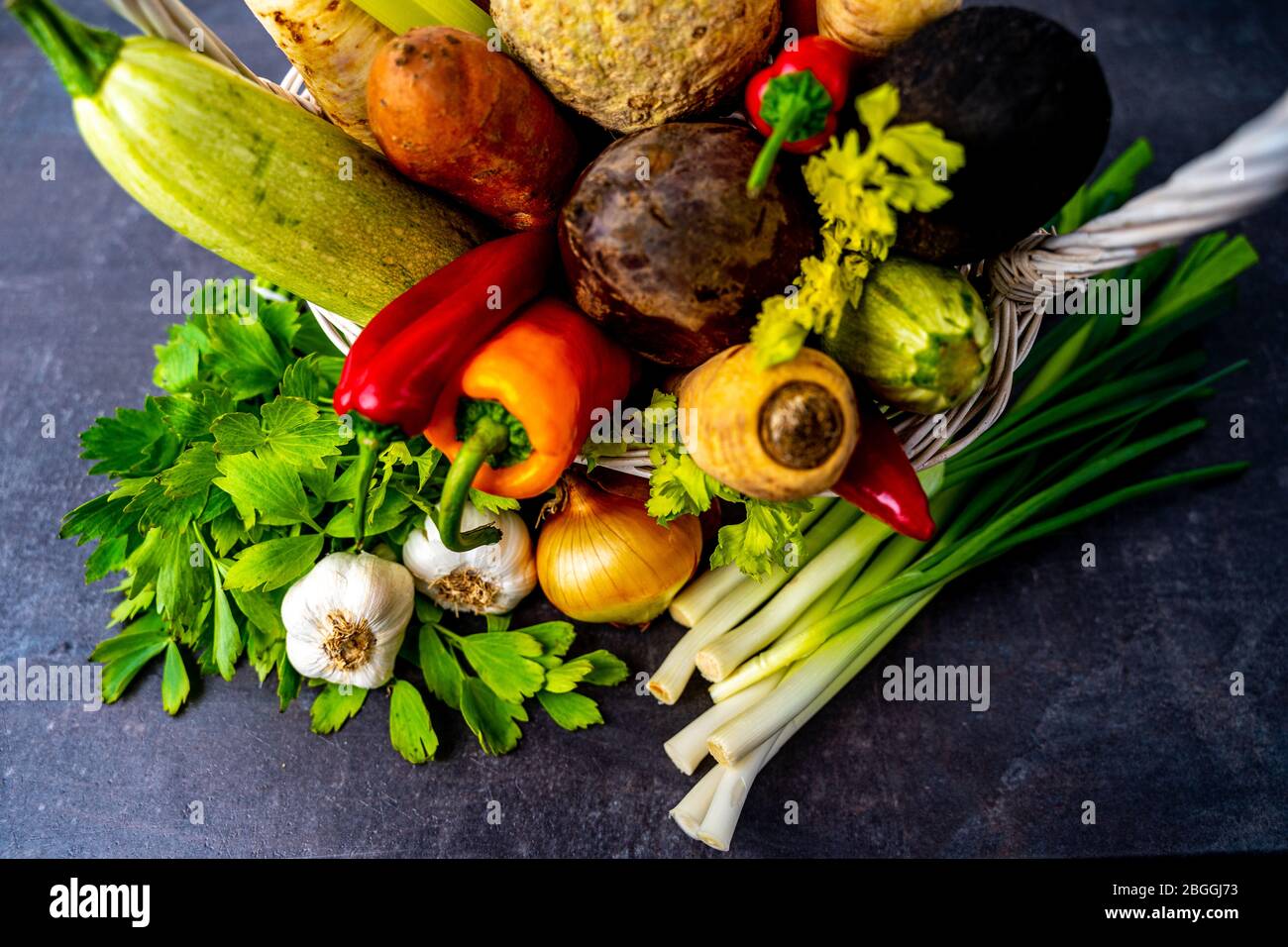Top view of vegetables and roots in basket Stock Photo - Alamy