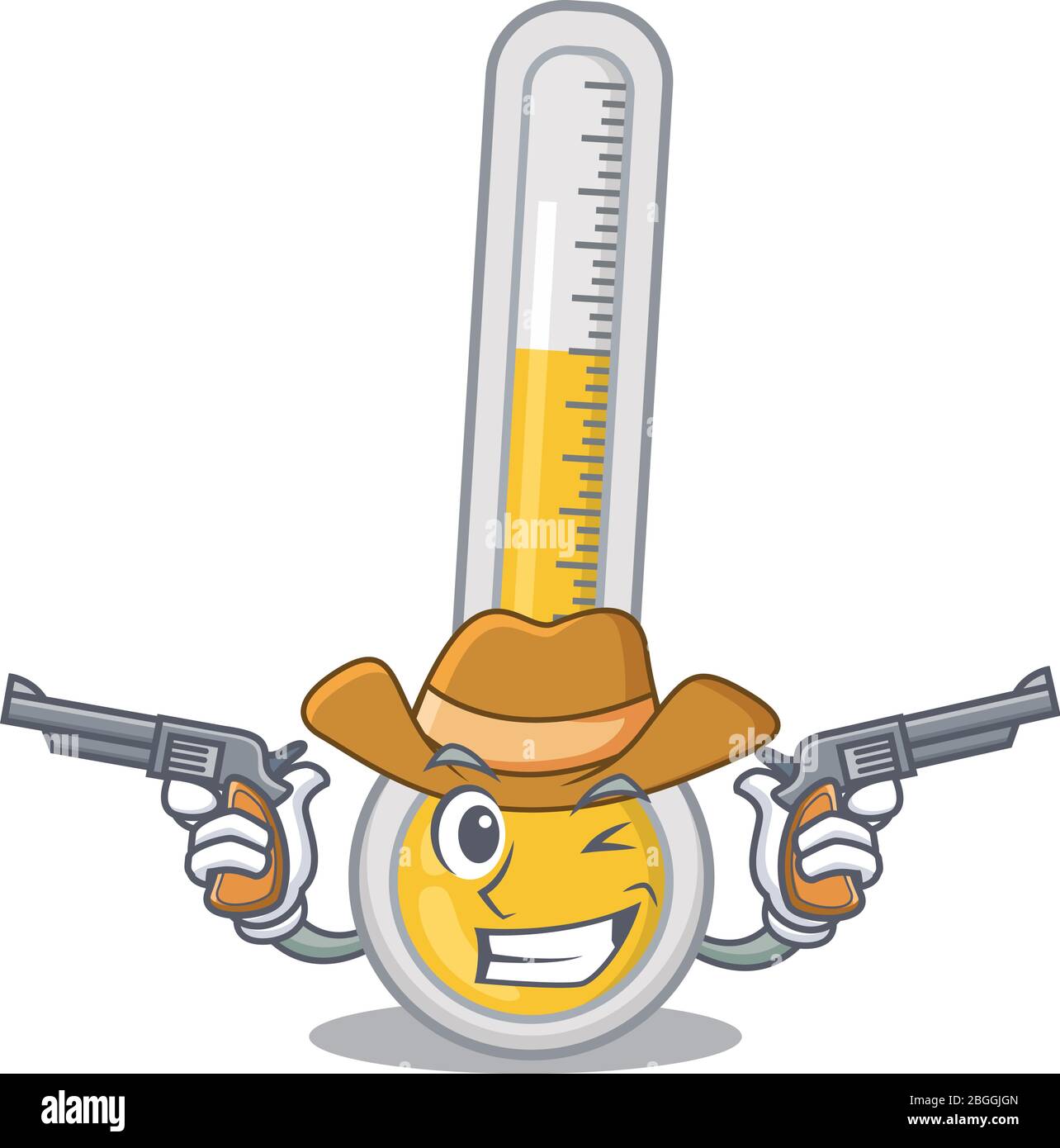 Cute handsome cowboy of warm thermometer cartoon character with guns ...