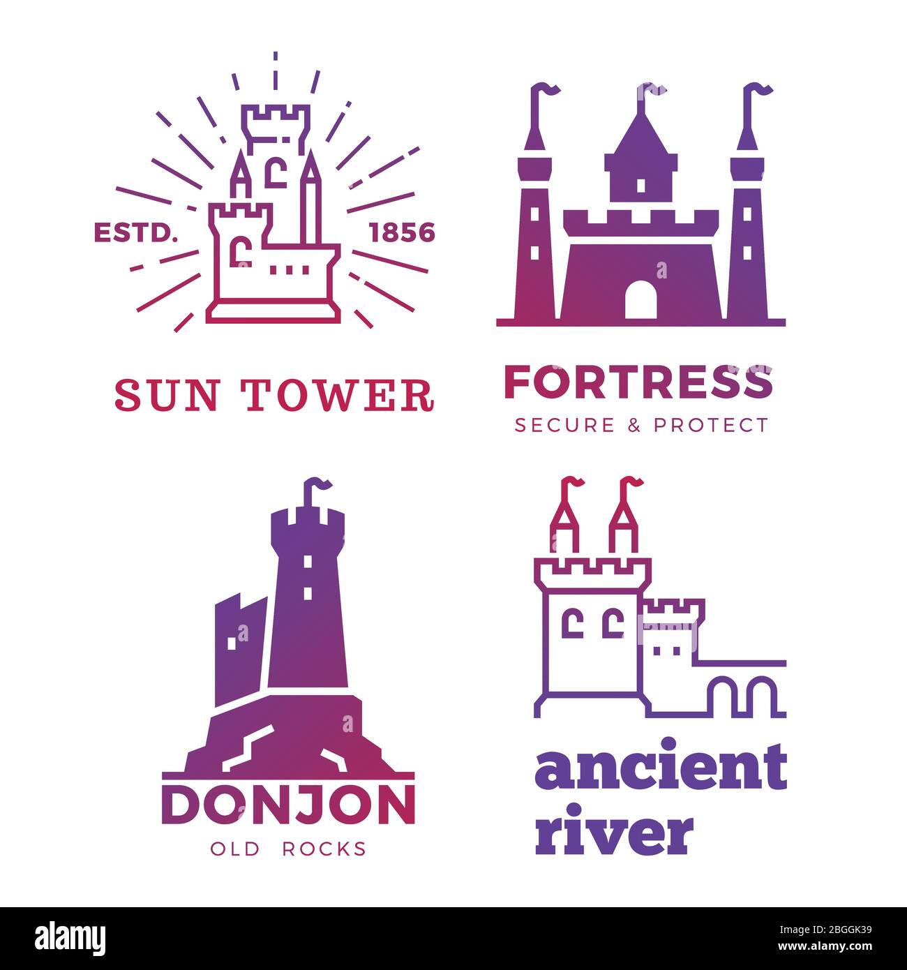 Fortress, medieval castles labels of set isolated on white background. Vector illustration Stock ...