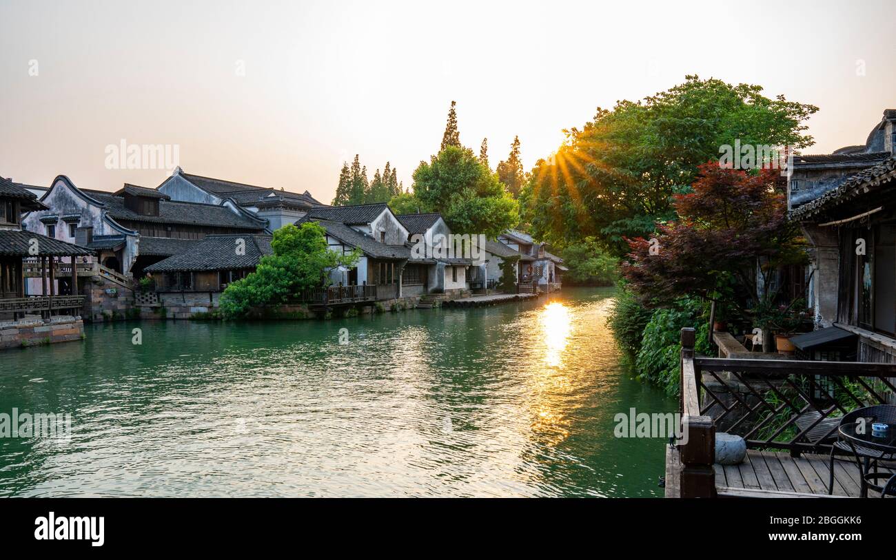 Wuzhen, an ancient town building at the edge of a small riverside ...