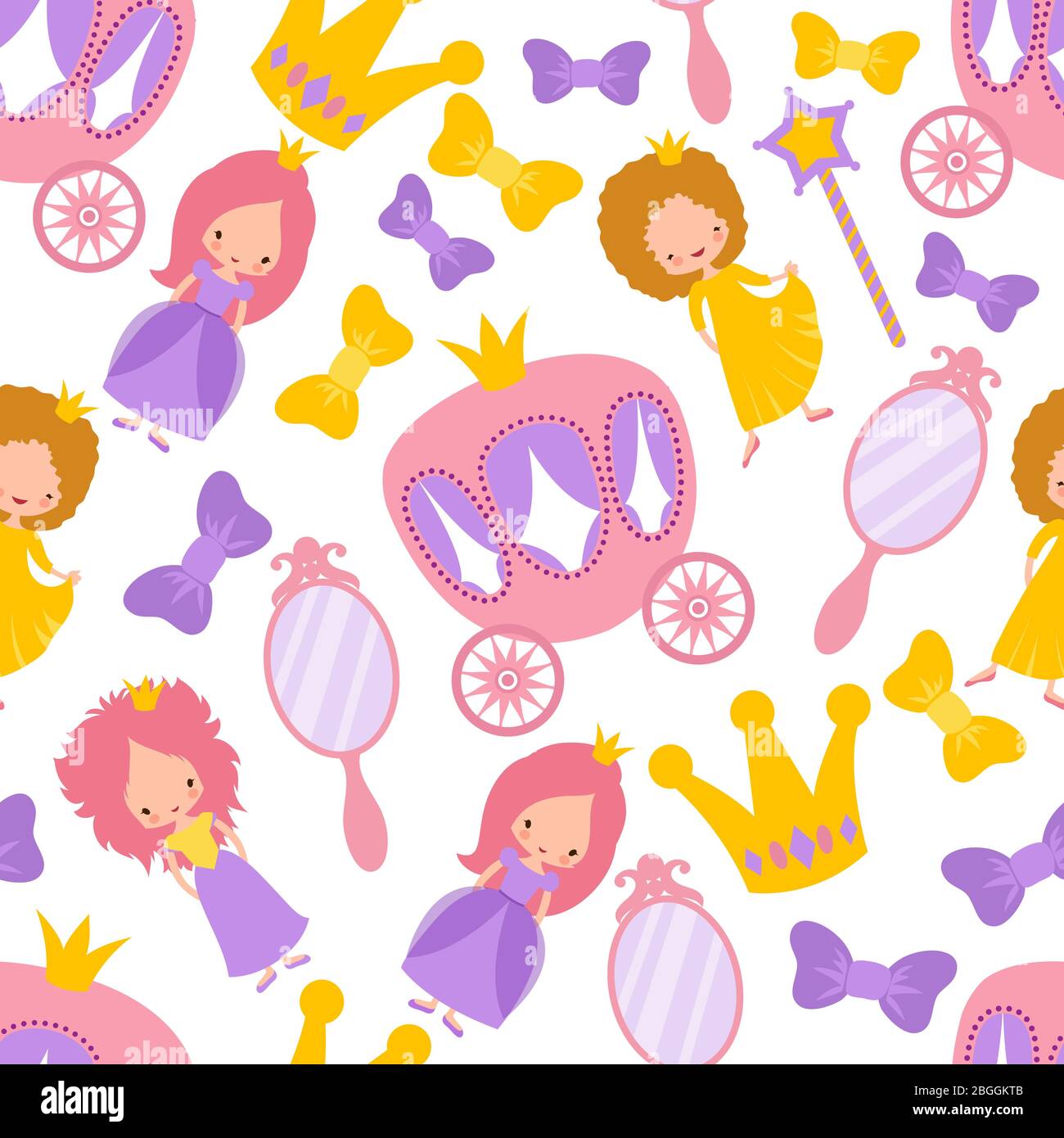 Princess vector seamless cartoon pattern. Magic girls fabric texture ...