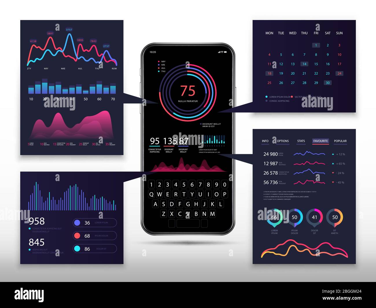 Smartphone app infographic with 3d phone, marketing charts and diagrams ...