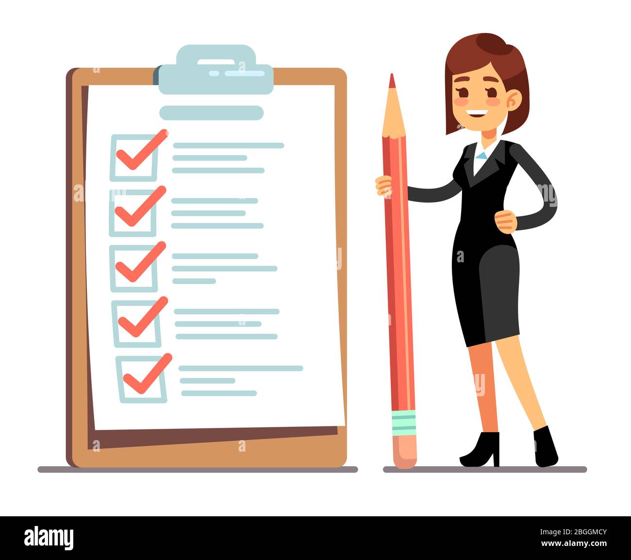 Happy woman holding pencil at giant schedule checklist with tick marks ...