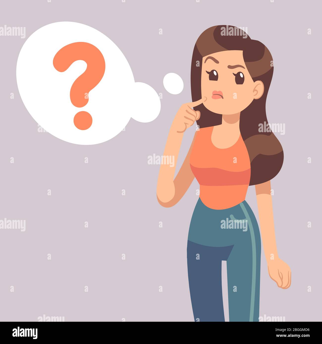 Cartoon young standing woman thinking with question mark in think ...