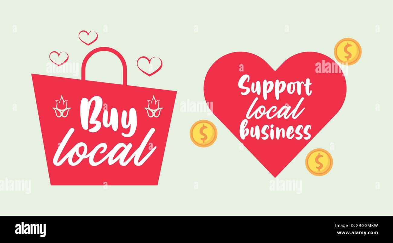 support local business poster with shopping bag and heart Stock Vector ...