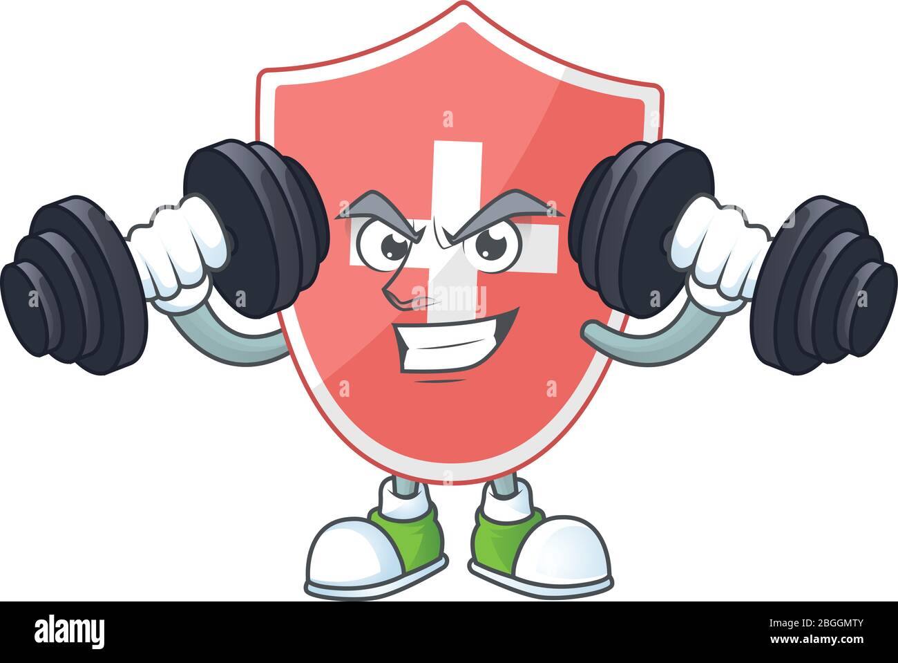 Fitness exercise medical shield cartoon character using barbells Stock ...