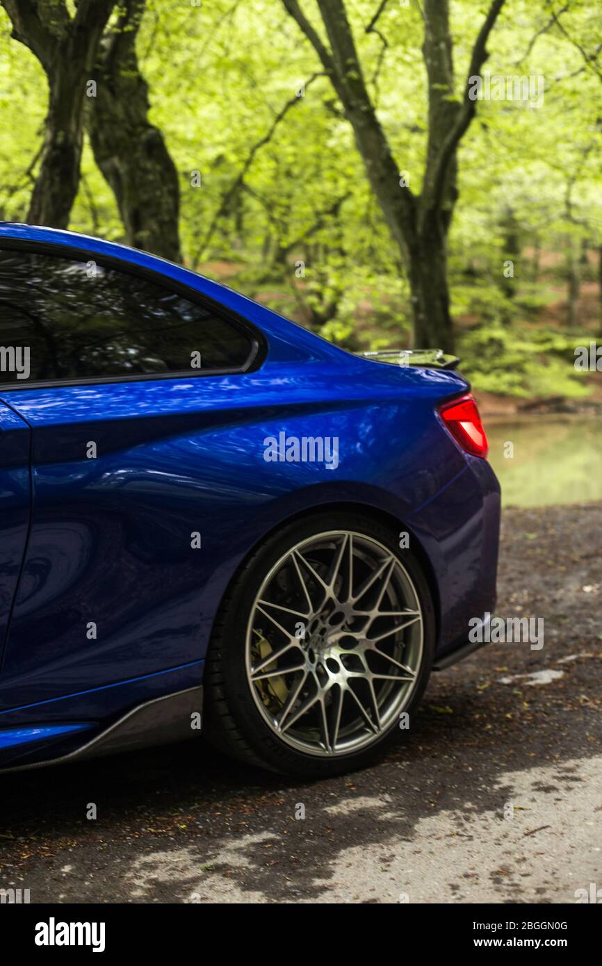 Blue sedan driving in the romantic forest under green trees, back red ...