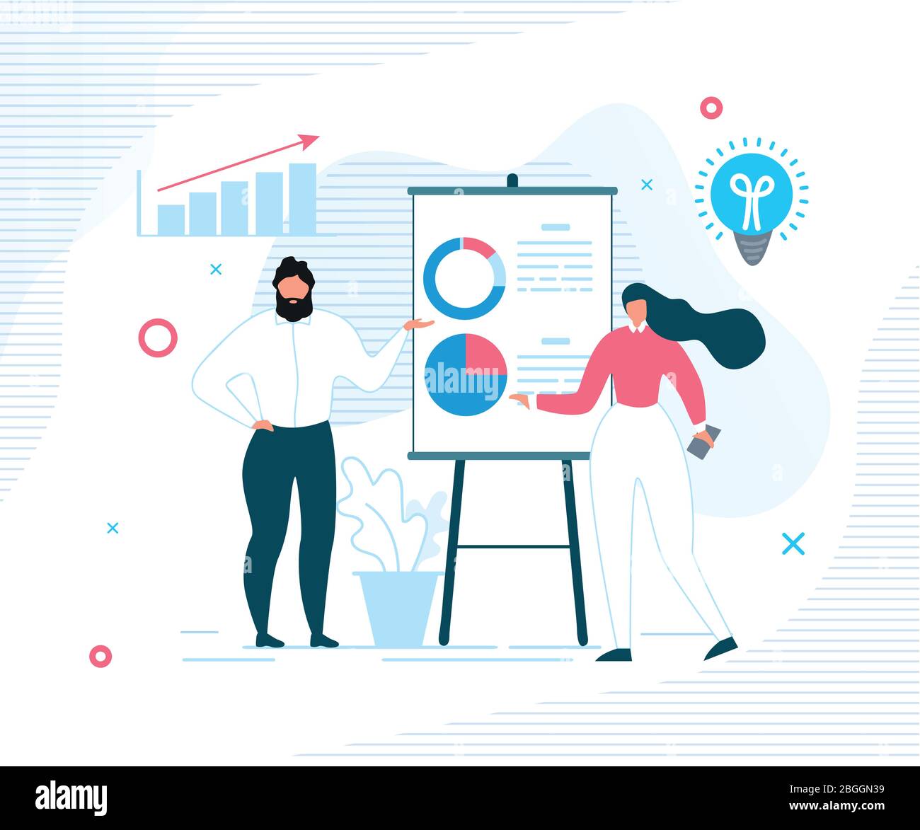 Flat Cartoon People Office Worker Characters Report Showing Statistics ...