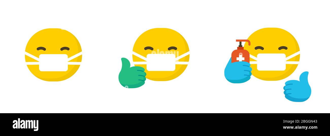 Set of emoticons wearing surgical protective masks , emoji isolated on ...