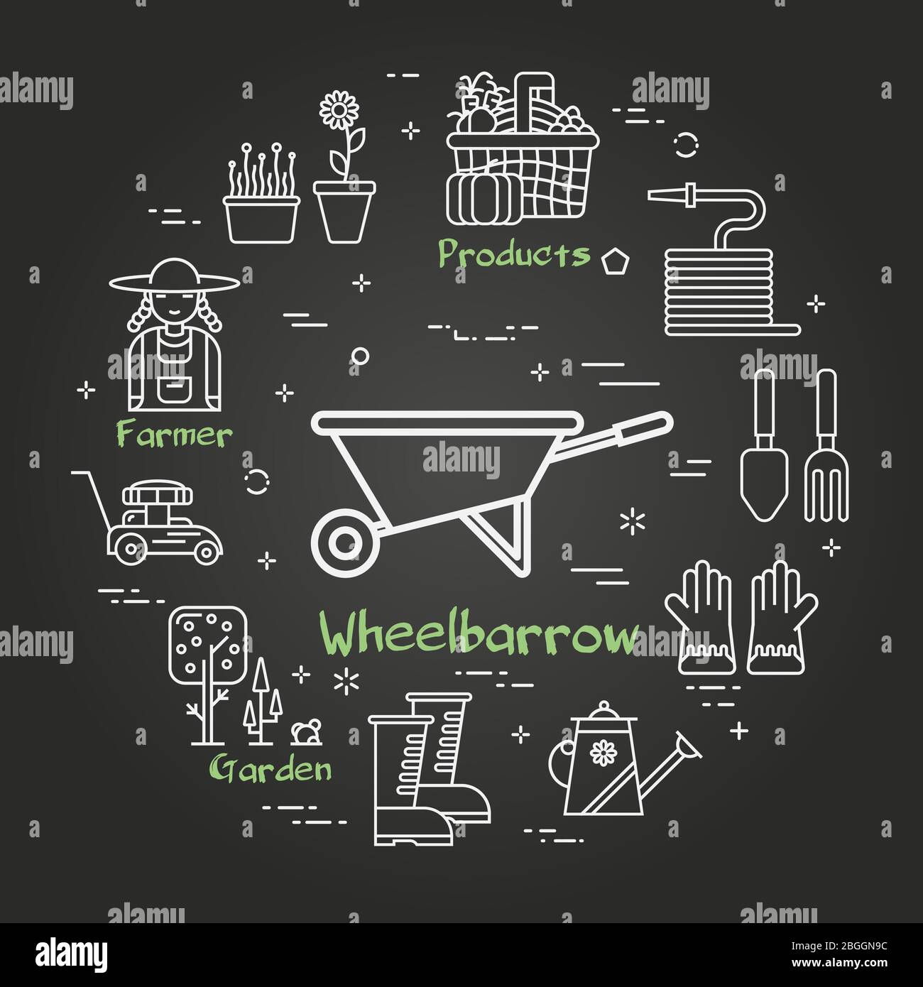 Vector linear black gardening and farming - Wheelbarrow Stock Vector ...