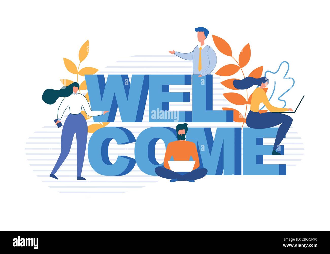 Welcome Word and Flat Cartoon People Characters Using Modern Digital ...