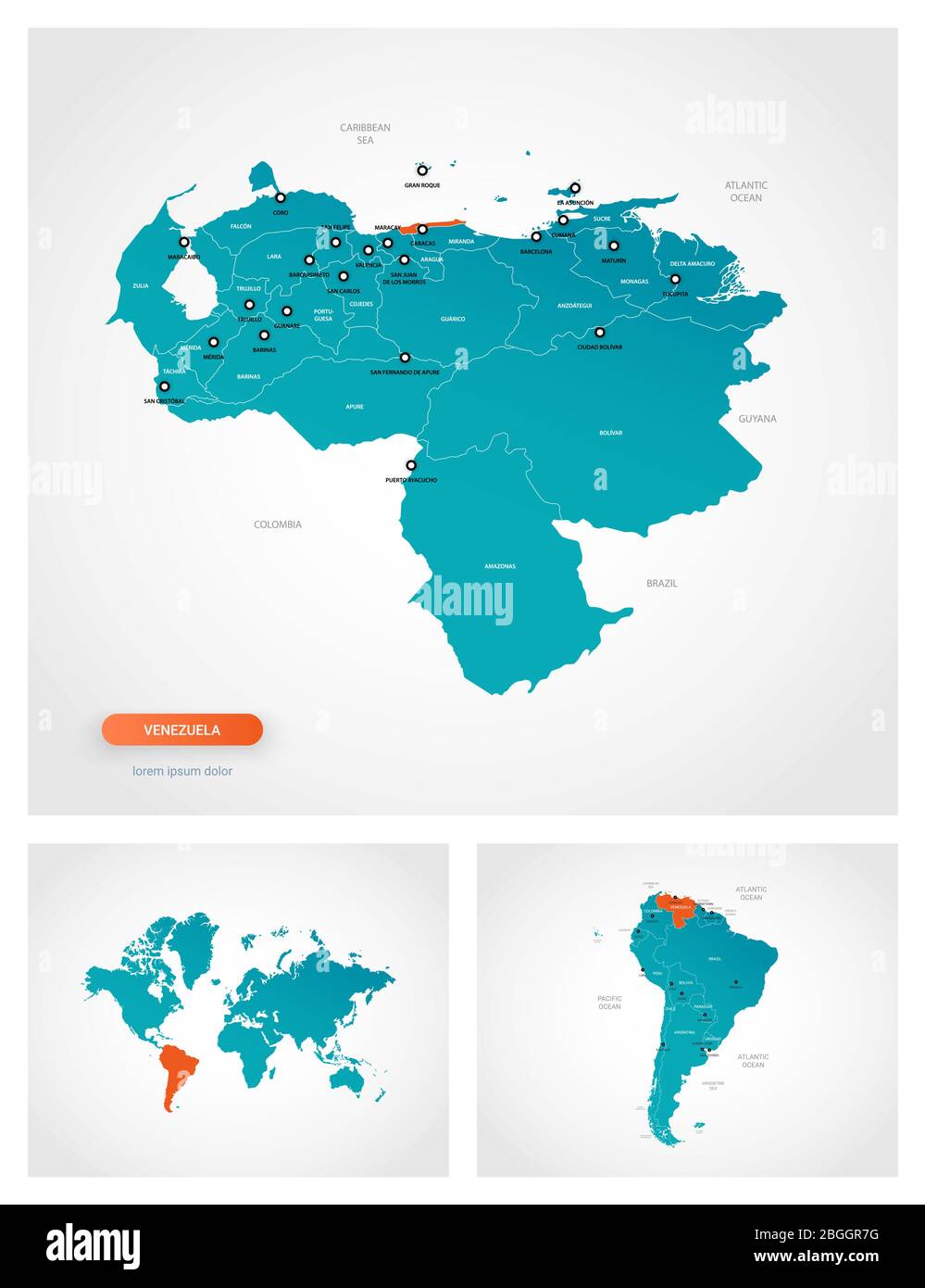 Editable template of map of Venezuela with marks. Venezuela on world ...