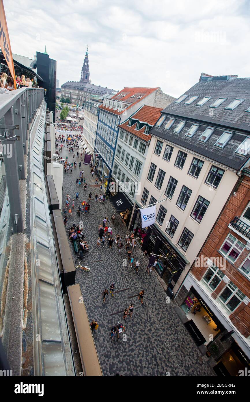 Rooftop view over the busy streets of downtown Copenhagen, Denmark ...