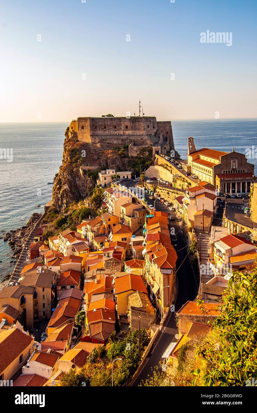 Italy Calabria Scilla view wth Ruffo Castle and church of Immacolata ...