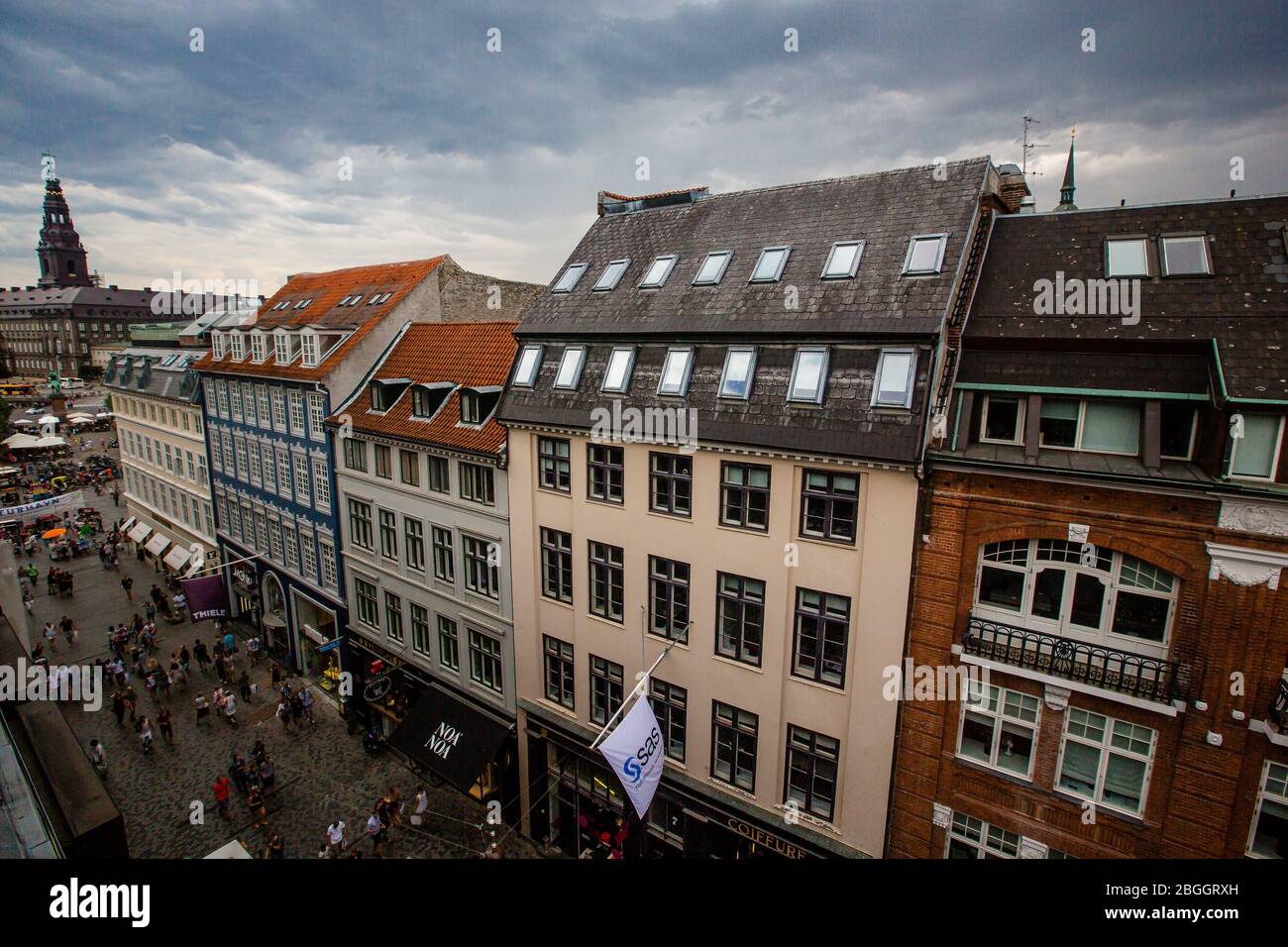 Rooftop view over the busy streets of downtown Copenhagen, Denmark ...